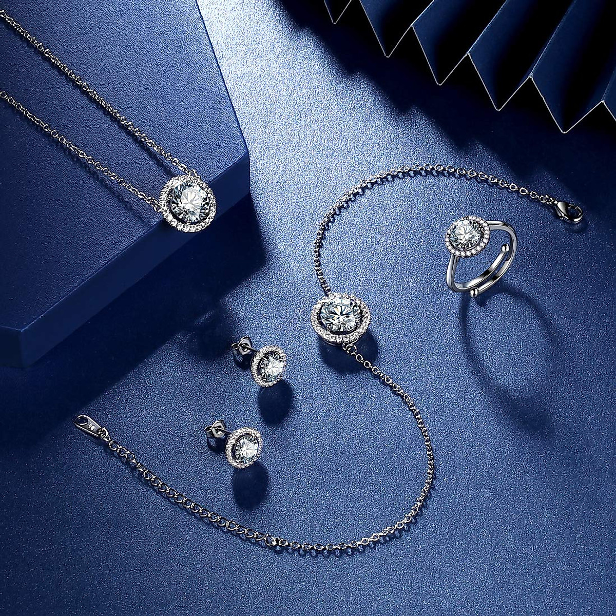 beautlace April Birthstone Necklaces/Stud Earrings/Rings/Bracelets Set Silver Plated Round Shape Jewelry Sets White Birthstone Jewelry Birthday Gifts for Men and Women KS0019W