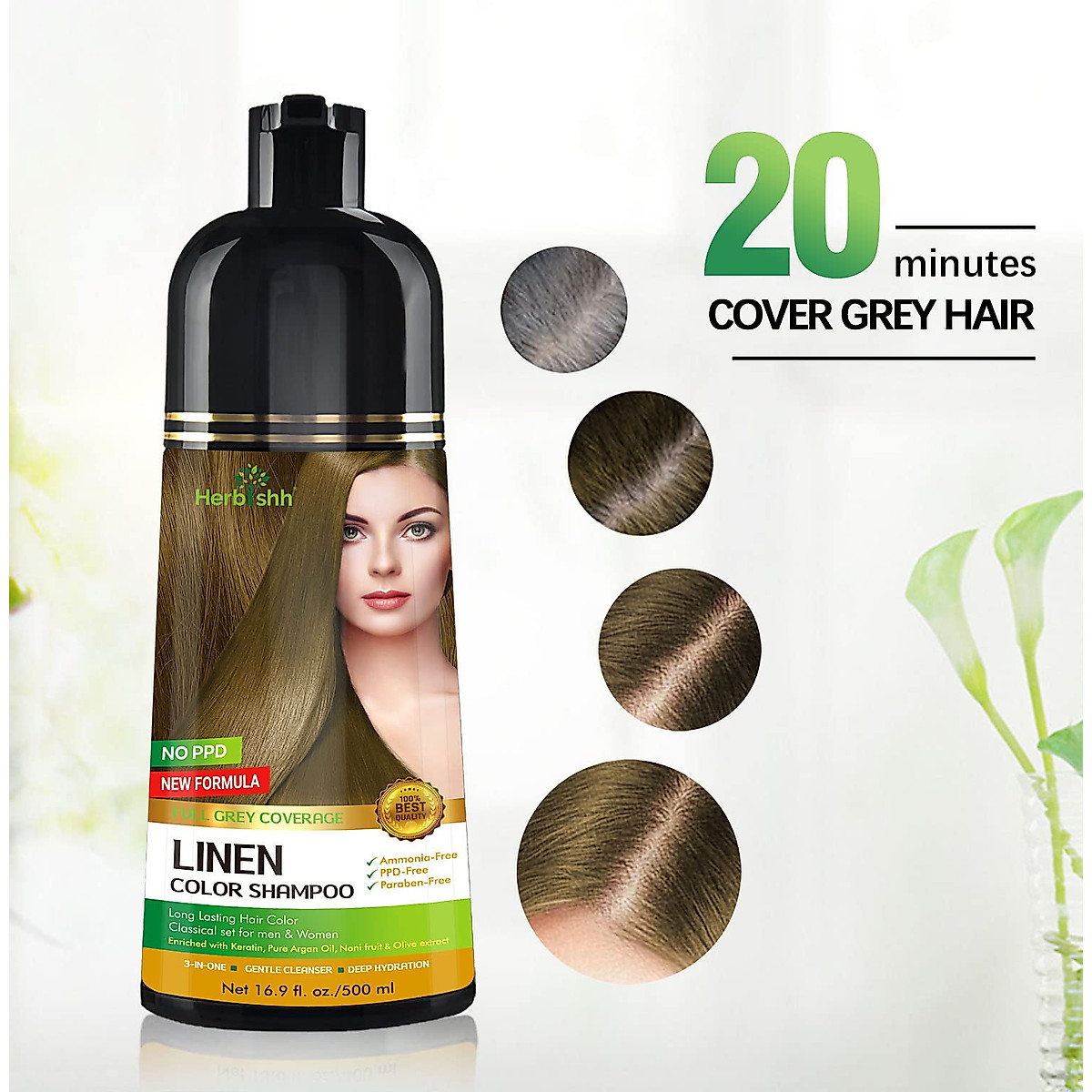 Herbishh Hair Color Shampoo - Magic Gray Hair Dye, Long-Lasting 3-in-1 Coloring Formula, 500ml, Ammonia-Free (Linen)