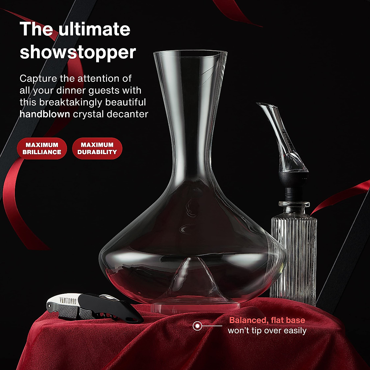 Vintorio Citadel Wine Decanter with Stopper - Hand Blown, Lead-Free Crystal Glass - Extra Durable Sommelier's Red Wine Carafe with Aerating Punt and Silicone Lid (78 oz Capacity)