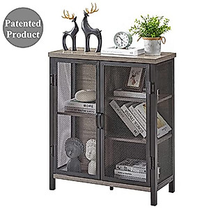 BON AUGURE Industrial Coffee Bar Cabinet with Storage, Farmhouse Wood Metal Accent Cabinet with Shelves, Rustic Small Sideboard Buffet for Kitchen and Dining Room (Dark Grey Oak)