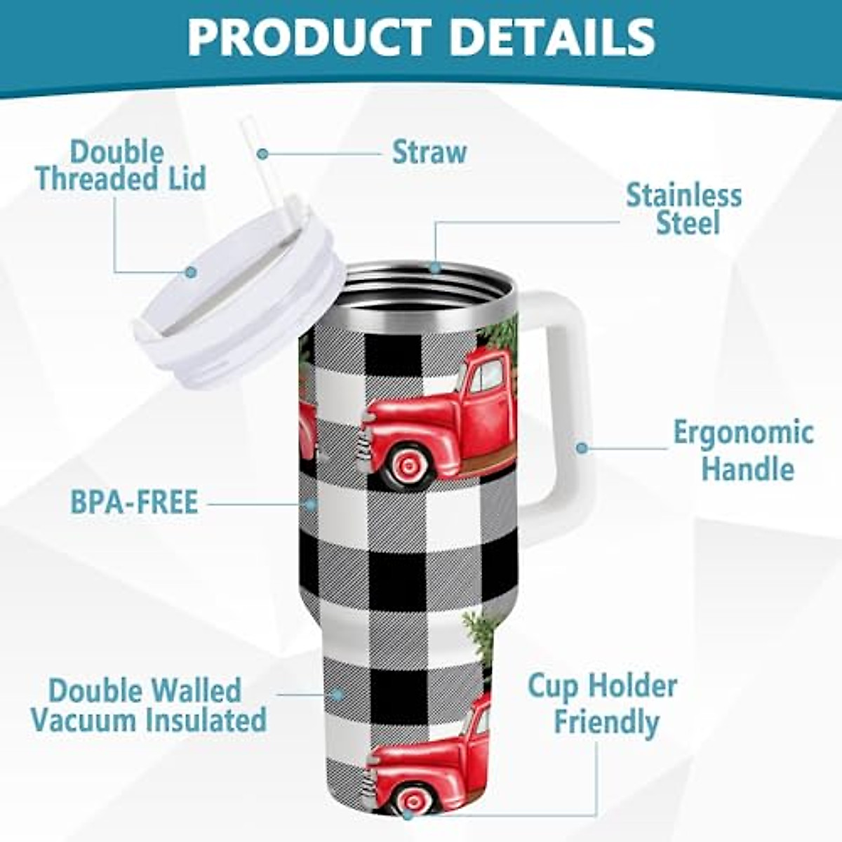 ODAWA 30 Oz Black White Plaid Christmas Trucks Insulated Tumblers with Handle and Straw Lid, Stainless Steel Vacuum Insulated Tumbler Travel Coffee Tumbler