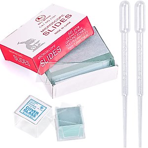 HOAOH 50 Pieces Microscope Slides and 100pcs Pre-Cleaned 20mm x 20mm Microscope Cover Slips Glasses for Basic Biological Science Education