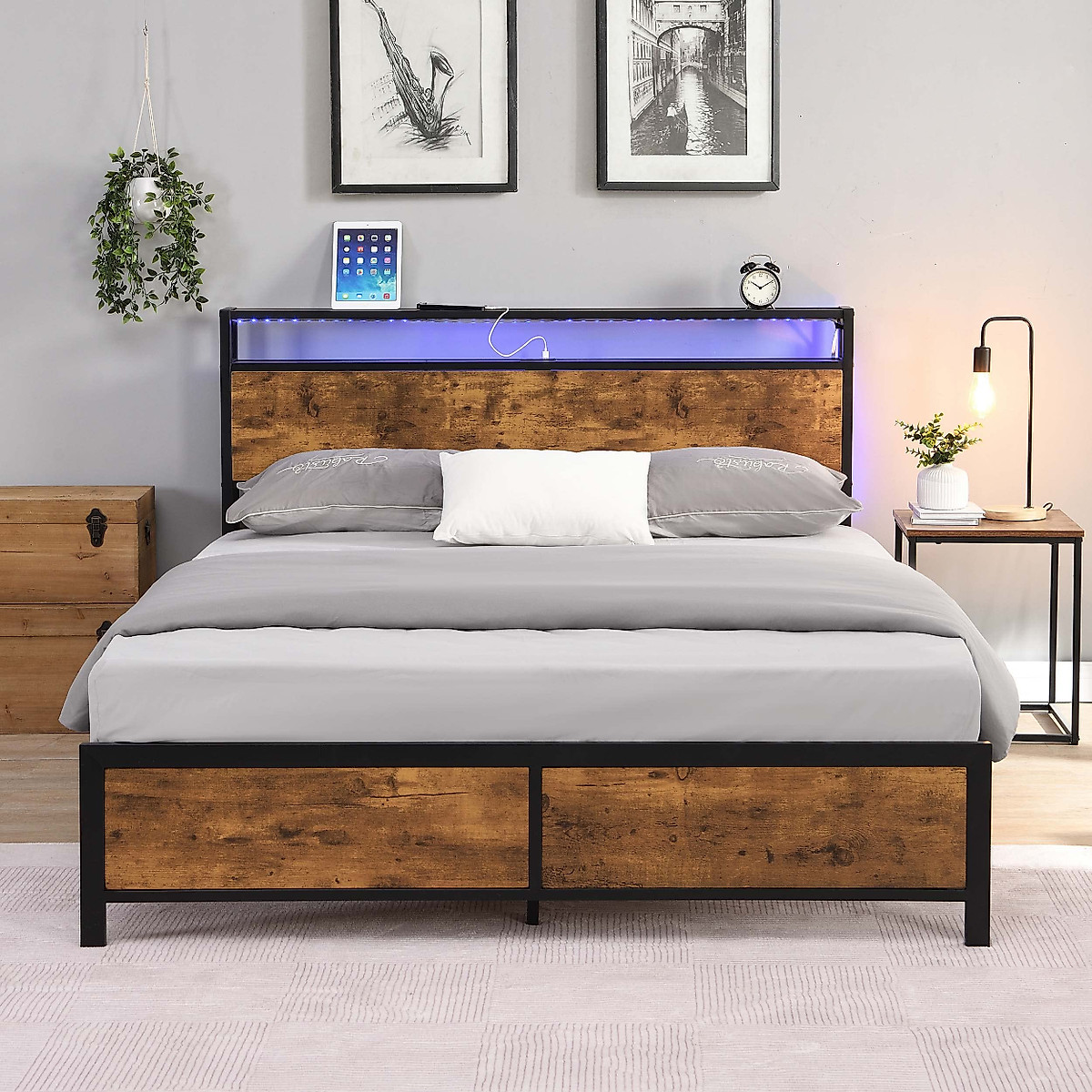 anwickjeff Modern Industrial Queen Bed Frame with LED Lights, Storage Headboard and USB Ports, Queen Size, 800lbs Capacity, Rustic Brown