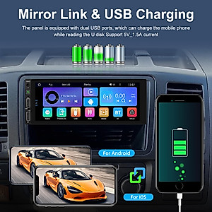 Single Din Car Stereo with Carplay and Android Auto - 6.86 inch Car Radio Touchscreen - EQ Setting Mirror Link SWC USB Charging Bluetooth FM + 12 LEDs Backup Camera
