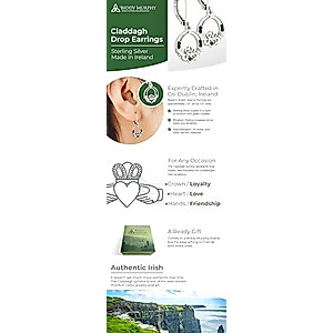 Biddy Murphy, Traditional Irish Claddagh Women's Earrings, Emerald Green Crystal Rhodium Plated Drops, Classic Silver Celtic Jewelry Made in Ireland by Artisan Jewelers