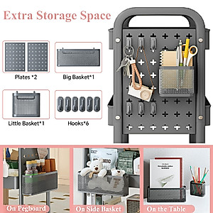 3 Tier Rolling Utility Cart - Metal White Cart Organizer with Wheels, Book Cart with DIY Dual Pegboards, Removable Baskets Hooks