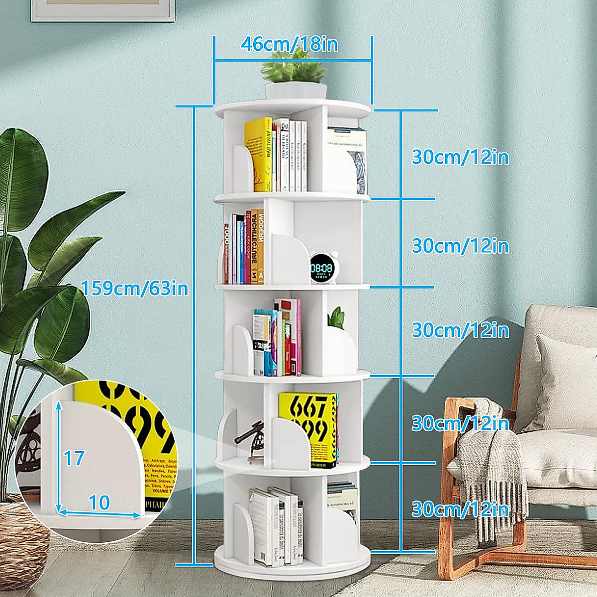 Rotating Bookshelf Tower, 360 Display 5 Tier Floor Standing Bookcase Storage Rack for Kids&Adults, Corner Bookshelf for Small Space, Book Shelf Rotating Bookcase for Bedroom, Living Room, Study