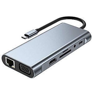 11 in 1 USB Type-C Hub Adapter with Gigabit Ethernet Port, PD Type C Charging Port, 4K HDMI, VGA, SD TF Card Reader, USB 3.0 Ports and Audio Mic Port Compatible for MacBook, ChromeBook etc. (1000MB)