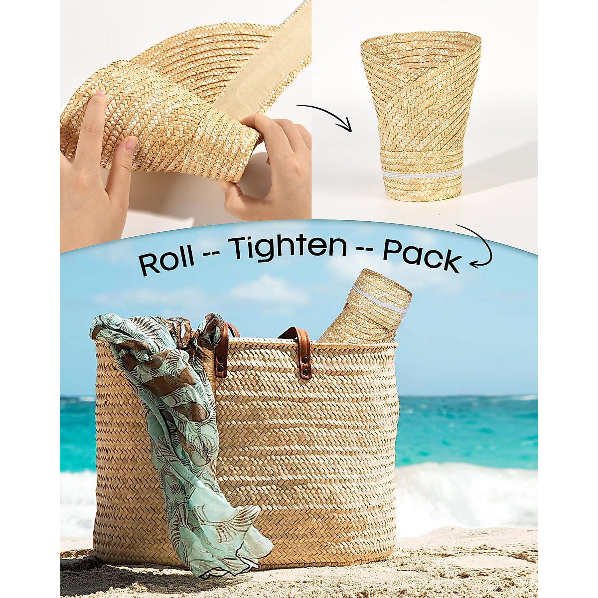 FURTALK Natural Straw Visors Sun Visor Hats for Womens Summer Straw Sun Beach Hat Foldable Roll Up Ponytail Beach Hat