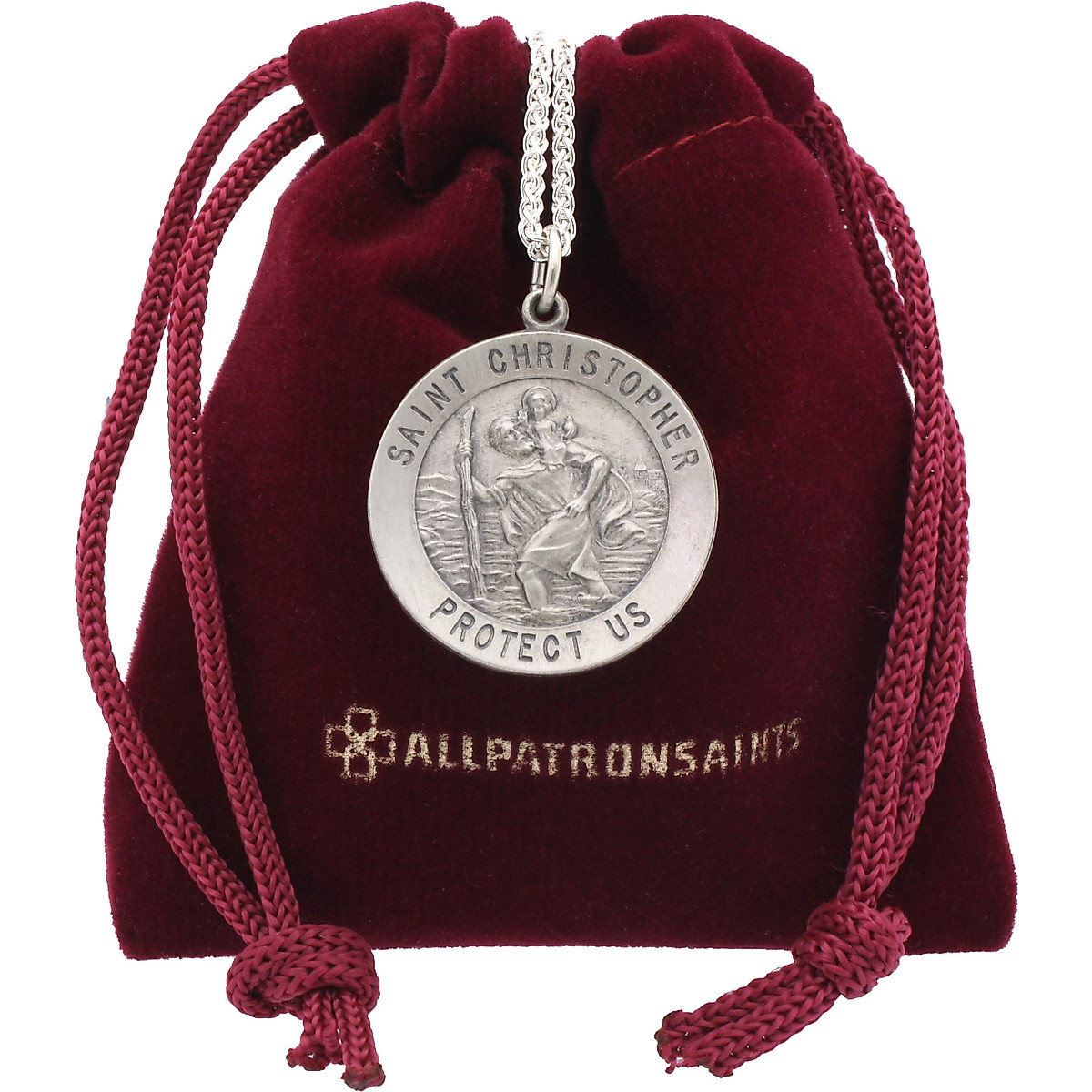 All Patron Saints Round St. Christopher Necklace Medal Solid 925 Sterling Silver With Jewelry Gift Box - Personalized Engraving (Size 25 MM (Adult Male)