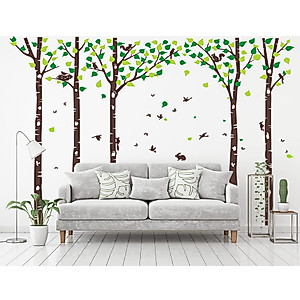 5 Large Birch Tree Wall Decals Jungle Tree Wall Stickers Forest Animal Wall Stickers Squirrel Rabbit Stickers for Kids Room Nursery Bedroom Living Room Classroom Wall Decoration (100", Brown,Green)