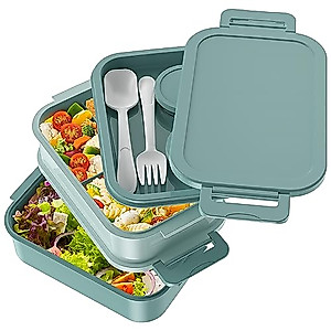 Jelife Bento Box Adult Lunch Box - 72oz Stackable Bento Lunch Box for Adults, 3 Layers Leak-Proof All-in-One Large Bento Box Lunchbox with Utensil Sauce Dressing Containers for Dining Out,Work, Green