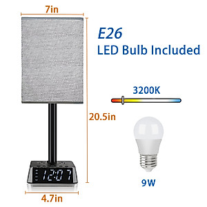 Table Lamp for Bedroom Nightstand - Bedside Lamp with Usb Charging Ports and Outlets,Touch Lamp with Clock, Modern Night Stand Lamps with Square Fabric Lampshade for Living Room(LED Bulb Included)