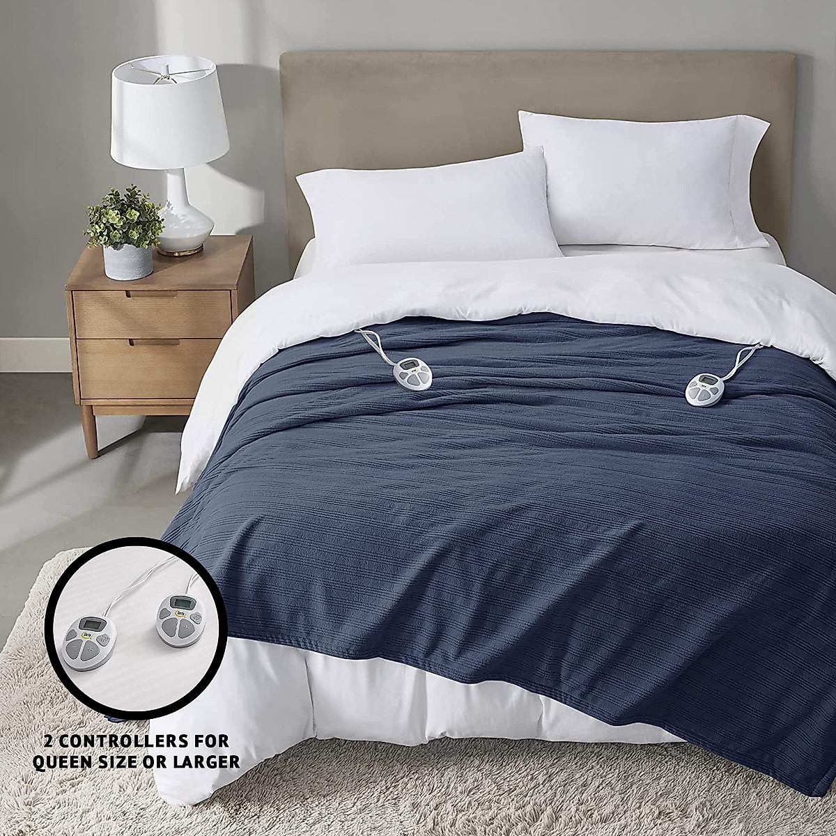 Serta Travis Fleece Ultra Soft Tri-Rib Textured Electric Blanket, Cozy and Snuggly Cover Fast Heating for Cold Weather, Auto Shut Off, Multi Heat Setting Controller, King, Indigo