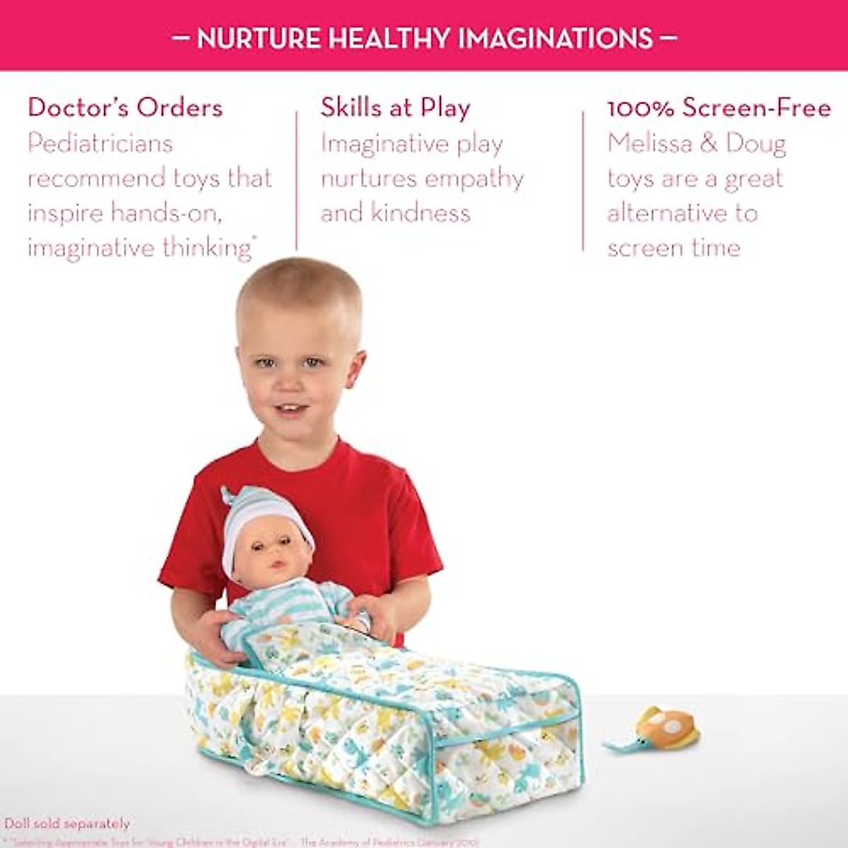 Melissa & Doug Mine to Love Bassinet Play Set Portable Carrier for Dolls with Crinkle Toy, for 3+ years, Nursery Rhyme Book