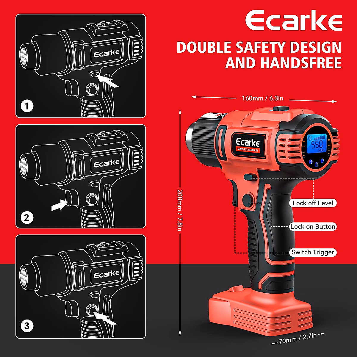 Cordless Heat Gun for Milwaukee M18 18V Battery,Heat Air Gun Fast Heating up to 1202℉,LCD Digital Display Soldering Heat Guns Perfect for DIY Shrink PVC Tubing,Wrapping&Paint Stripping（Bare Tool Only）