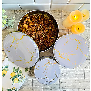 Pack of 3 Stackable Round Metal Tin Containers with Lids – Multipurpose Tins for Cookies, Candies, Kitchen Essentials & More | Thoughtful Gift for Women's / Mother's Day – Elegant White Gold Design