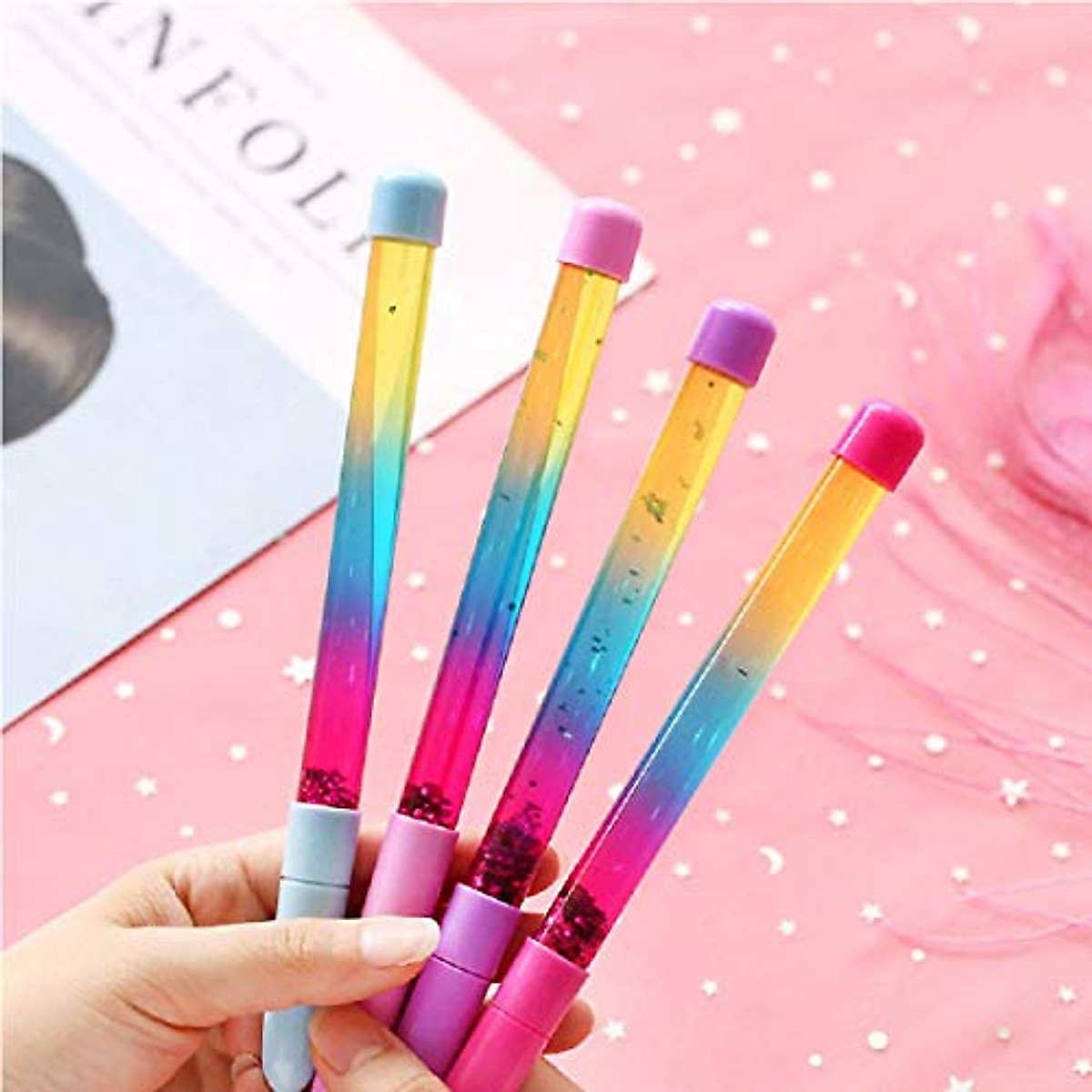 4 Pack Bling Rainbow Liquid Sand Gel Ink Pen Glitter Fairy Stick Ballpoint Pen Crystal Pens Rollerball Pens Student Pens for Kids Girls Gift Stationery School Office Supplies (Black Ink)