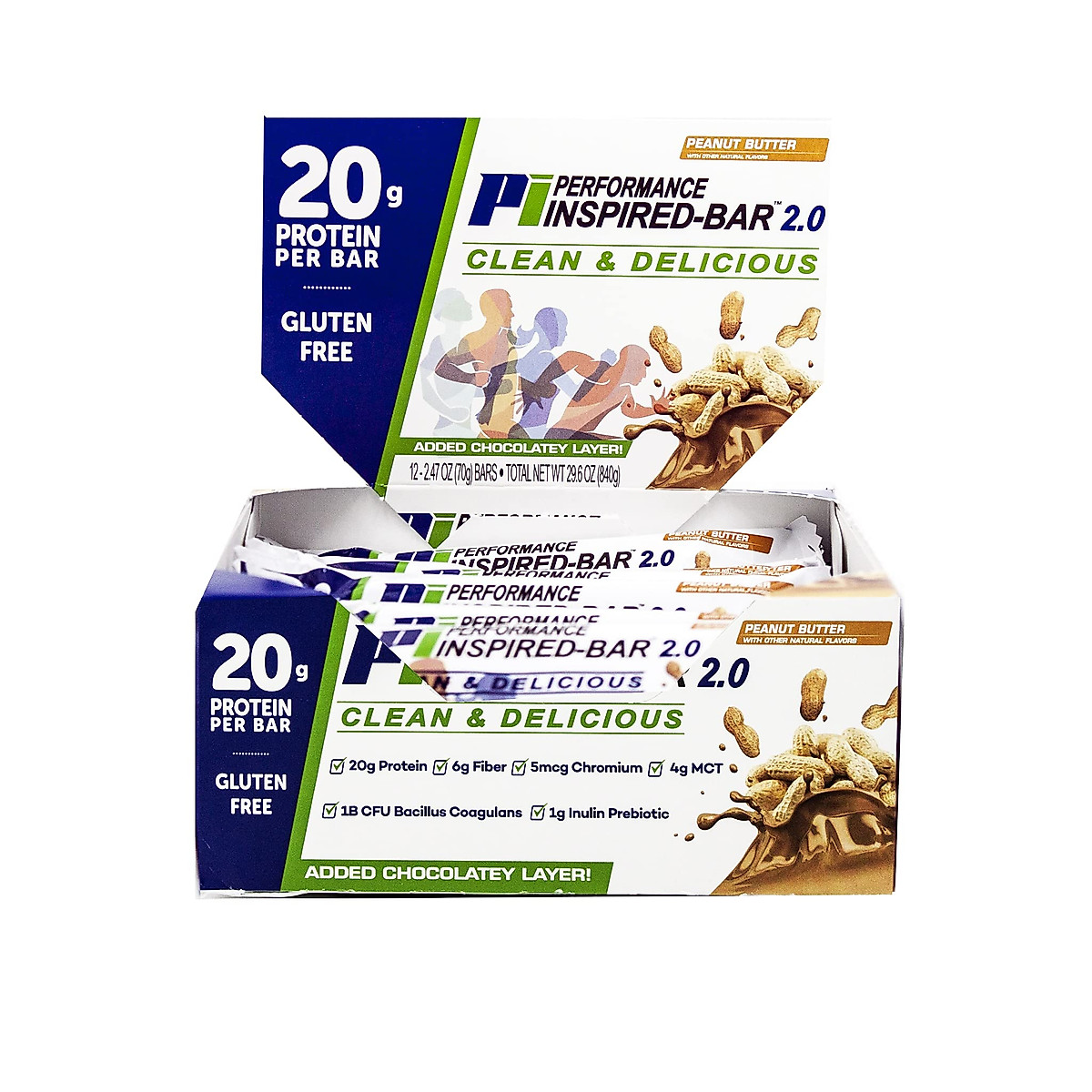 Performance Inspired Nutrition Protein Bar 2.0 – 20G Protein, 6G Fiber, 4G MCTs, 1 Billion CFU Probiotics – Gluten-Free – Peanut Butter Flavor – 12 Count