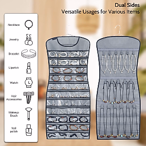 ANZORG Dual sided Jewelry Hanging Organizer Closet Necklace Holder for Earrings Bracelets Rings with 42 Clear Pockets and 17 Hook Loops (Grey