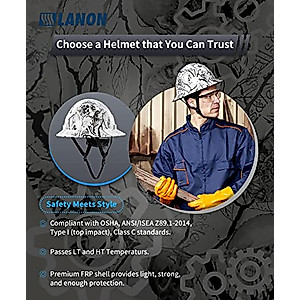 LANON Full Brim Hard Hat, OSHA Construction Work Approved, Premium Charcoal Gray Design, FRP Safety Helmet with 4 Point Adjustable Ratchet Suspension, Class C
