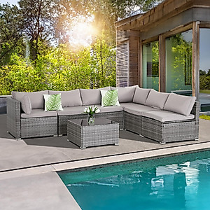 Seogwisam 7 Pieces Patio Furniture Set,Wicker Outdoor Conversation Set,Rattan Sectional Sofa Set w/Washable Cushions & Glass Coffee Table for Porch Poolside Backyard-Gray/Gray