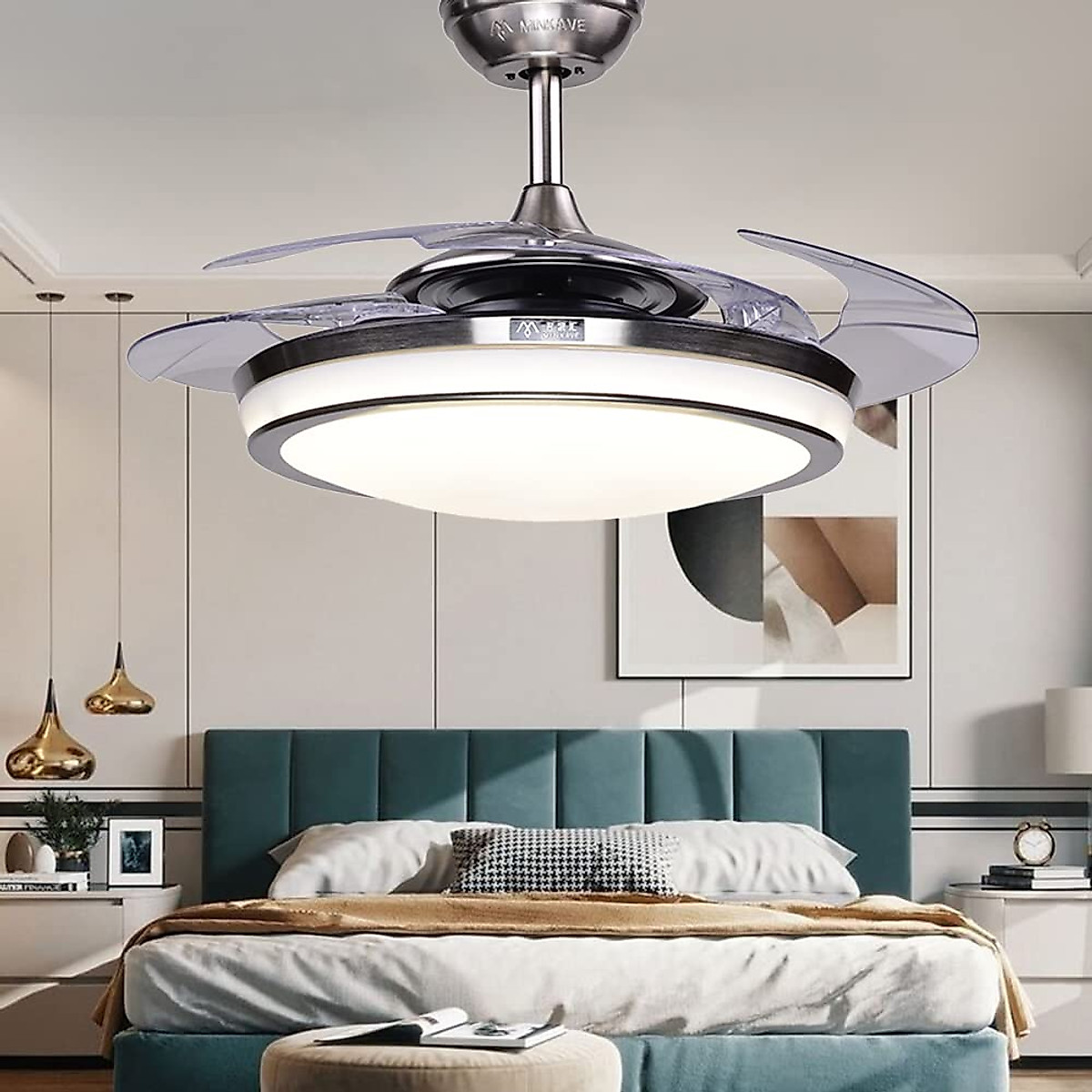Fandian 44" Modern Ceiling Fan with Lights Remote Control Chandelier Fixture, 3 Lighting Changes Retractable Fandelier for Living Room Bedroom, Brush Chrome with Silent Motor