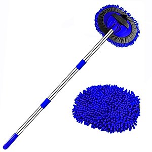 WillingHeart 47.5" Car Wash Brush Mop Cleaning Tool with Long Handle Kit for Washing Detailing Cars Truck, SUV, RV, Trailer, Boat 2 in 1 Chenille Microfiber Sponge Duster Not Hurt Paint Scratch Free