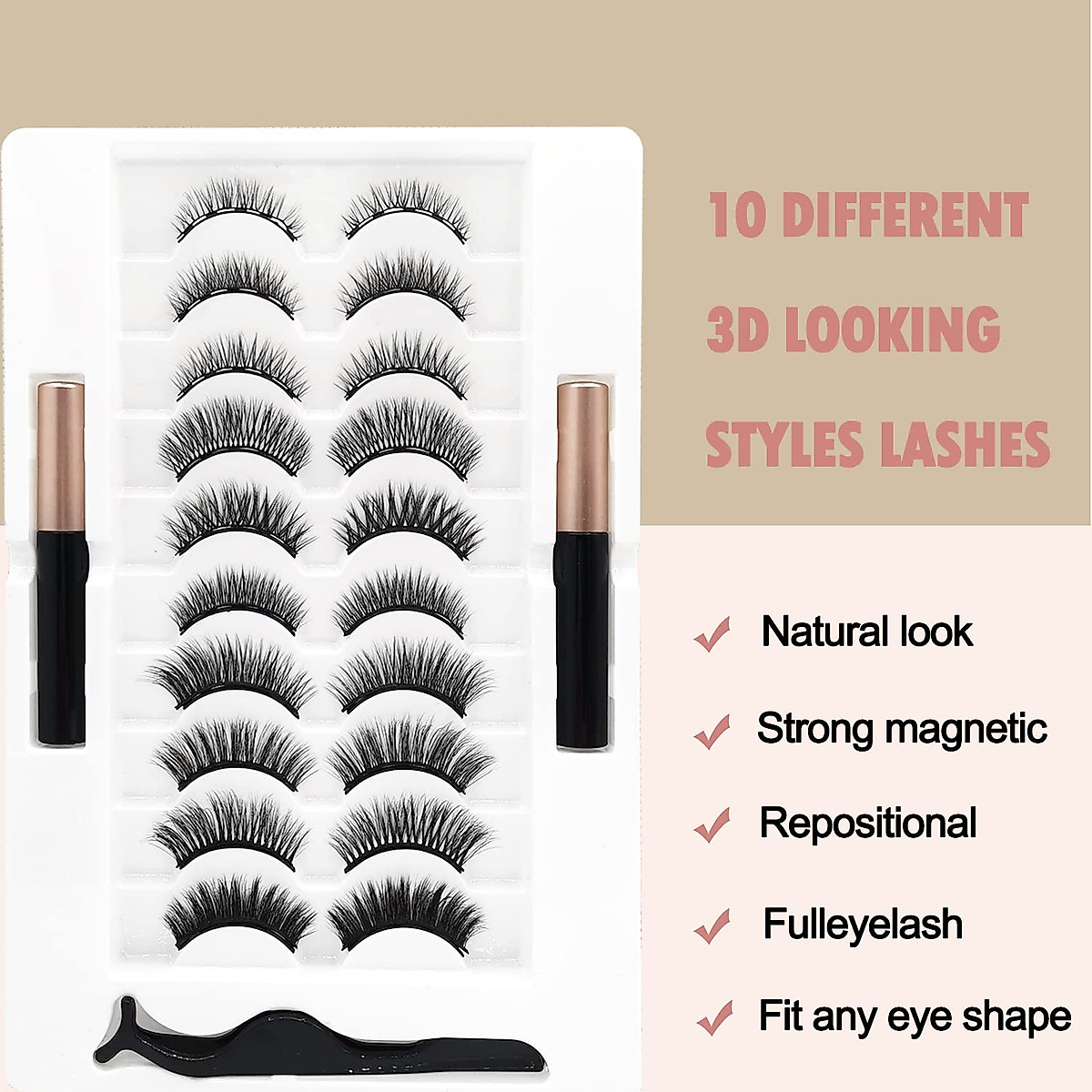 Magnetic Eyelashes Kit with Eyeliner, Magnetic Lashes Natural Looking 10 Pairs , 2 Pcs Magnetic Eyeliner, Reusable 3D False Eyelashes Lashes Pack, With lash tweezers，No Glue! Eyelashes Magnetic