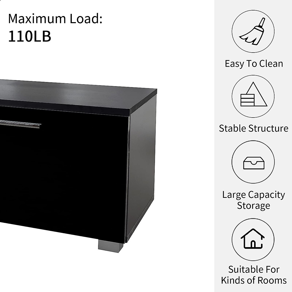 WERSMT Wood TV Stand, Modern 55 60 65 70 inch TV Stand, Entertainment Center with Storage, High Gloss TV Cabinet for Living Room, Black