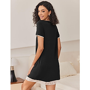 HOTOUCH Nightgowns for Women Pleated Sleepdress Scoopneck Night Dress Lcce Sleepwear Black L