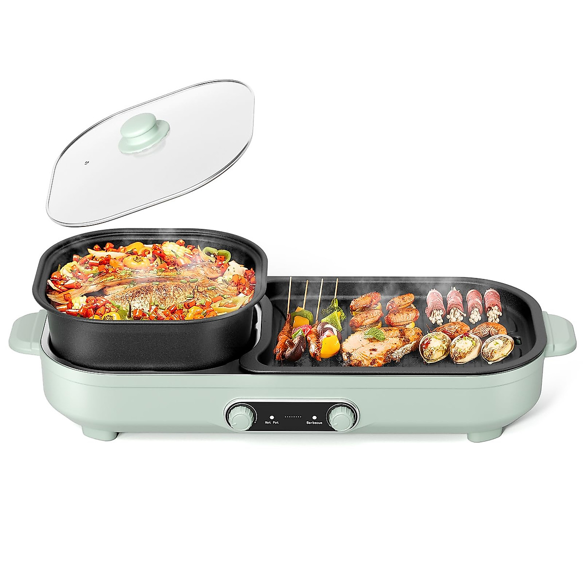 Homiesetify Electric Hot Pot with Grill, 2 In 1 Indoor Non-Stick Barbecue Shabu Hot Pot with Dual Temperature Control, Detachable Hot Pot and Baking Tray, Smokeless Shabu Korean BBQ Grill