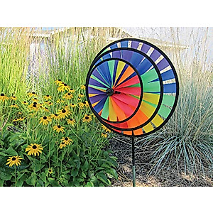 In The Breeze Rainbow Triple Wheel Spinner- Ground Stake Included - Colorful Wind Spinner for your Yard and Garden