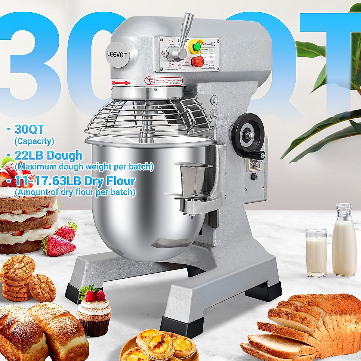 LEEVOT 30Qt 1250W Commercial Food Mixer, Commercial mixer 3-Speed Adjustable Heavy Duty Stand Mixer with Stainless Steel Bowl for Bakery Pizzeria.