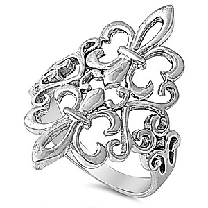 Fleur De Lis Filigree Heart Cutout Ring New .925 Sterling Silver Band Size 11