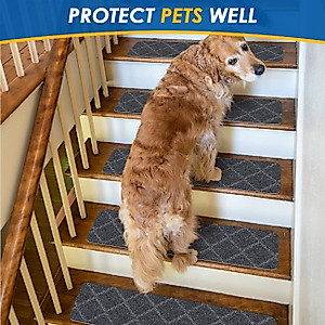 RIOLAND Stair Treads Carpet Non-Slip Indoor 15 PCS Wood Stair Treads Rugs Anti Moving Modern Stair Runners Safety for Kids Dogs, 8" X 30", Diamond Gray