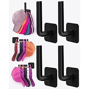 Sunfanie Hat Rack for Hat Storage (4-Pack), Multi-Purpose Hat Organizer, Strong Adhesive Hat Hooks for Wall Hat Organizer for Baseball Caps, Two Mounting Options Hat Hook, Black