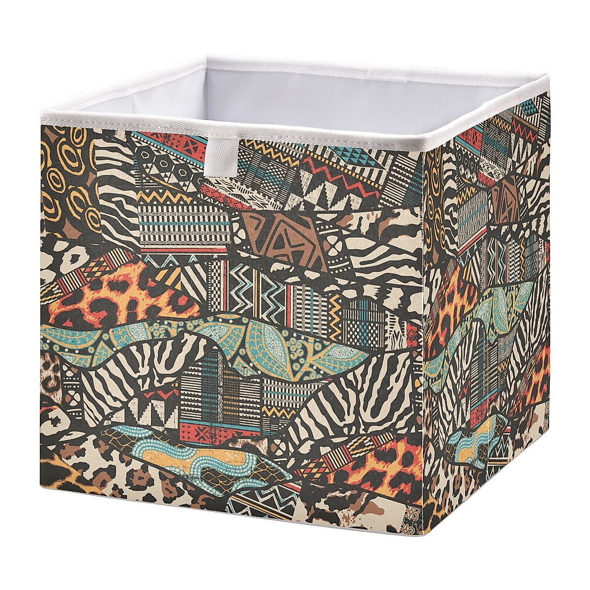 Vnurnrn Cube Storage Bins African Pattern Patchwork, Collapsible Storage Box with Support Board, Foldable Fabric Basket for Shelf Closet Cabinet 11.02×11.02×11.02 in