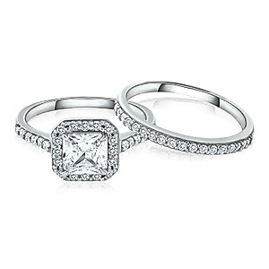 SEA OF ICE Engagement Rings Princess Cut – Elegant Wedding Engagement Ring Set – 925 Stainless Steel and Cubic Zirconium Rings for Women - Princess Cut Halo Engagement Ring and Band – 6 x 6mm