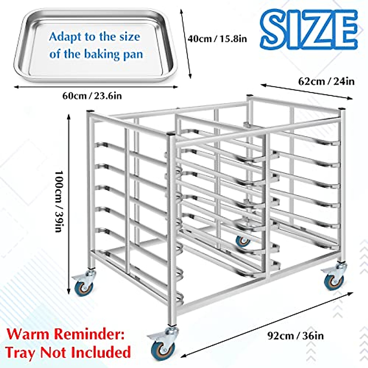 Bun Pan Rack 12 Tier with Wheels Sheet Pan/bun Pan Rack Sheet Pan Organizer Stainless Steel Racking Trolley Storage for Full Half Sheet Kitchen, Restaurant, Cafeteria, Hotel, 36 x 24 x 39 Inch