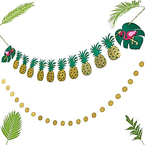 Gold Glittery Birthday Banner with Pineapple garland and Gold Circle Dots Garland for Hawaiian Luau Tropical Summer Theme Party Garland Favor Party Decortaion Supplies