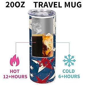 Honeybaby Patriotic Stars Coffee Tumbler 20 oz with Straw & Lid Leak Proof Tumbler Reusable Stainless Steel Tumblers Insulated Water Bottles Gifts for Women Men