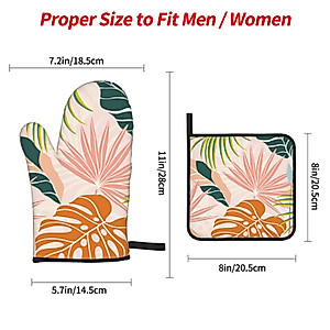 Oven Mitts and Pot Holders Sets 4 Piece, Boho Tropical Leaves and Flowers Pattern Oven Gloves Heat Resistant Non-Slip for Kitchen Cooking Grilling Baking