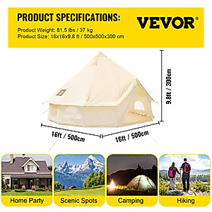 Happybuy Canvas Bell Tent, Waterproof & Breathable 100% Cotton Retro and Luxury Yurt with Stove Jack, 16.4ft / 5m Diameter, Large Canopy Used in 4 Seasons, for Family Camping, Outdoor Glamping, Party