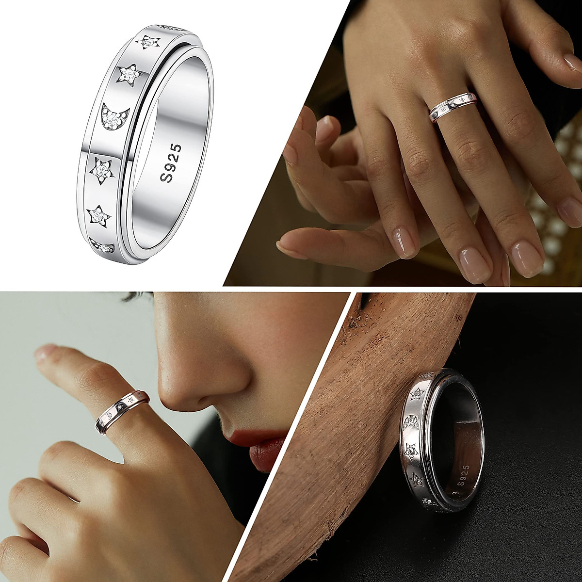MUSECLOUD Fidget Ring 925 Sterling Silver Spinner Ring Moon Star Anxiety Ring for Women White Gold Plated 6MM Fidget Band Stress Relief Anti Anxiety Jewelry (Silver, 10)