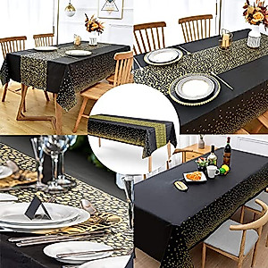 FECEDY 5 Packs 54"x108" Gold Wave Point Black Disposable Plastic Table Cover Waterproof Tablecloths for Rectangle Tables up to 8 ft in Length Party Decorations