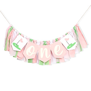 Golf 1st Birthday Decorations For Girls - Hole In One High Chair Banner,Sports Themed First Birthday Photo Props,Golf Pink Green Ribbon One Banner,Baby Girl Smash Cake Backdrop Highchair Banner