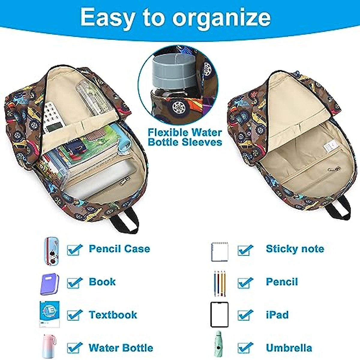 LEDAOU Kids School Backpack with Lunch Box for Boy Kindergarten BookBag School Bag Preschool Kindergarten Toddler Backpack (Off-road Vehicle Brown)