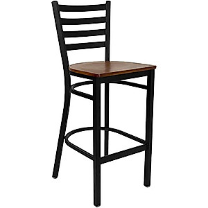 Flash Furniture Clark 30'' Round Black Laminate Table Set with 3 Ladder Back Metal Barstools - Cherry Wood Seat
