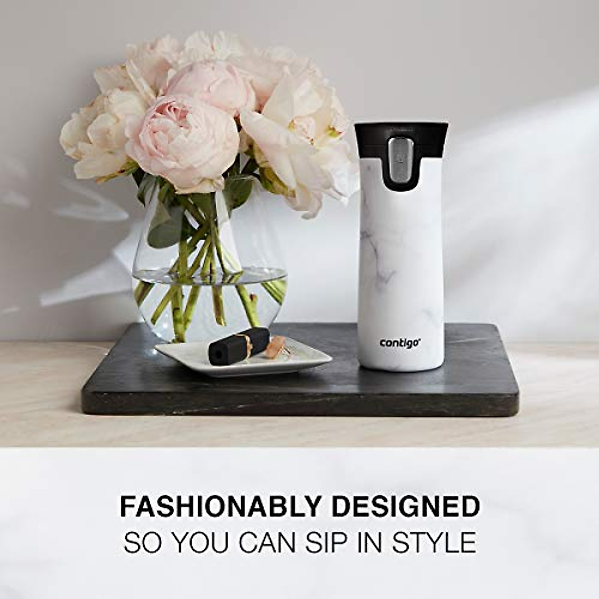 Contigo Pinnacle Vacuum-Insulated Stainless Steel Travel Mug with Spill-Proof Lid, Reusable Coffee Cup or Water Bottle with Leak-Proof Lid, Keeps Drinks Hot or Cold for Hours, 14oz White Marble